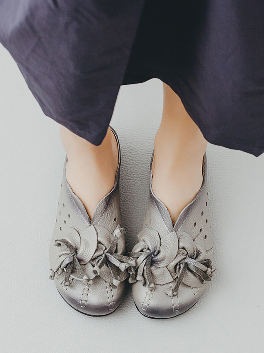 Women Vintage Leather Flower Low Heel Slippers – BUYKUD