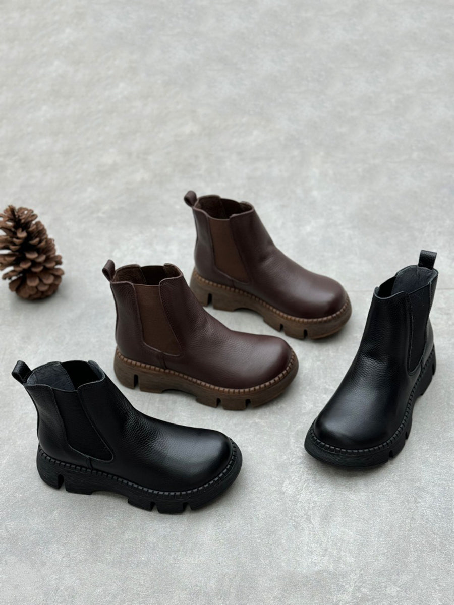 Women Retro Genuine Leather Platform Low-Heel Boots – BUYKUD